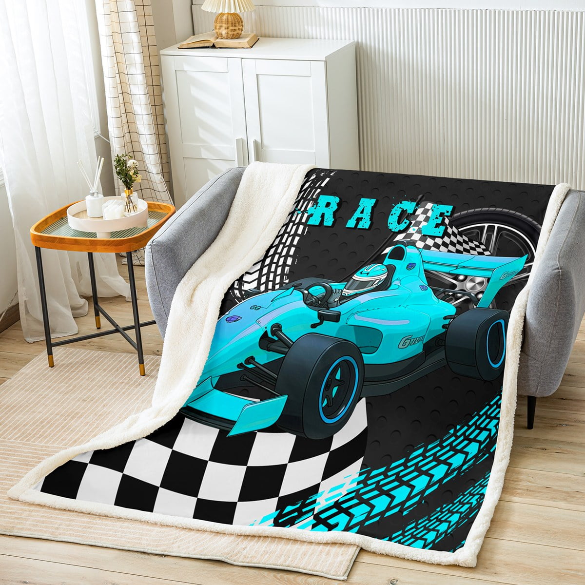 Go Kart Throw Blanket Race Car Blanket,Black and White Buffalo ...