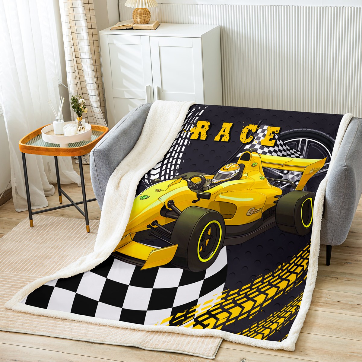 Go Kart Throw Blanket Race Car Blanket,Black and White Checked Plaid ...