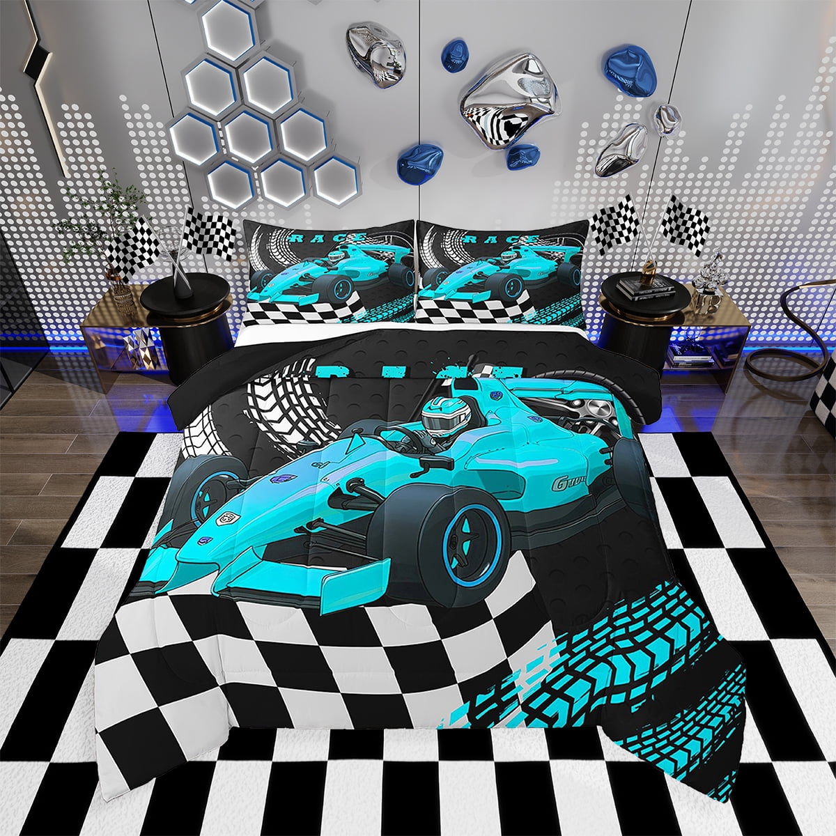 Go Kart Toddler Race Car Bed,Black and White Buffalo Checkered Drift ...