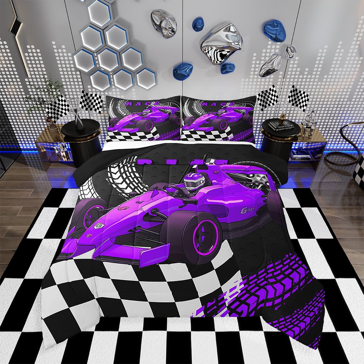 Go Kart Toddler Race Car Bed,Black and White Buffalo Plaid Drift Kart ...