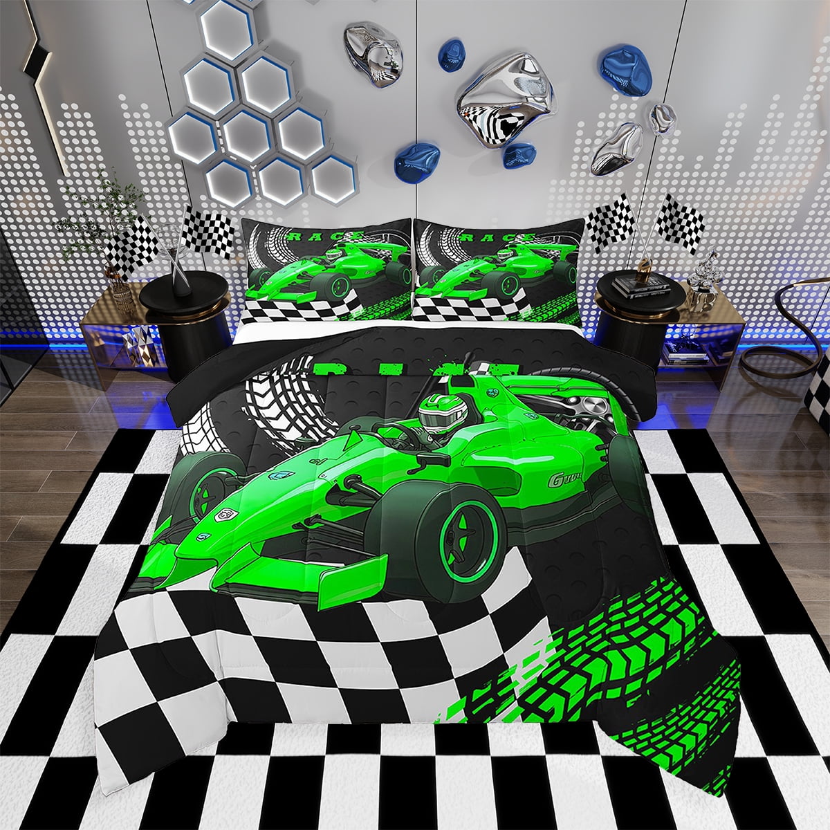 Go Kart Toddler Race Car Bed,Black and White Checked Plaid Drift Kart ...