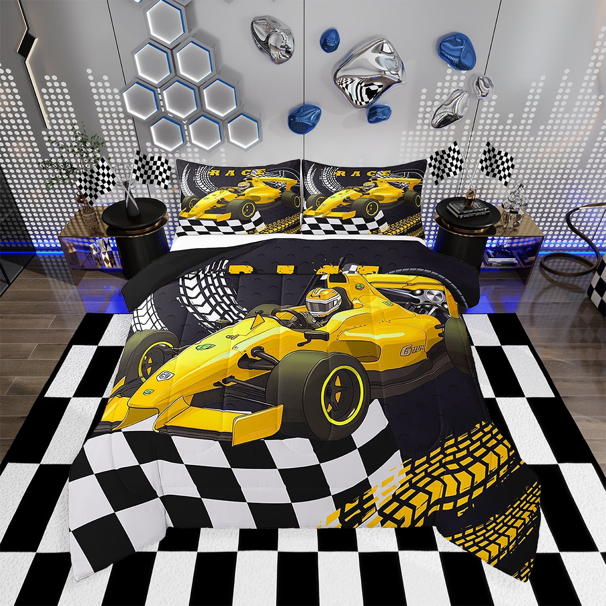 Go Kart Toddler Race Car Bed,Black and White Checked Plaid Drift Kart ...