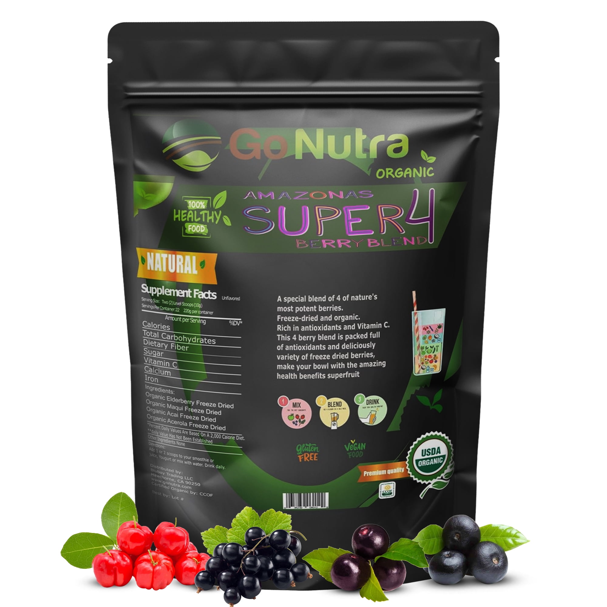 Go Nutra Acai Berry Blend for Bowls Organic Superfood Smoothie Mix 8 oz ...