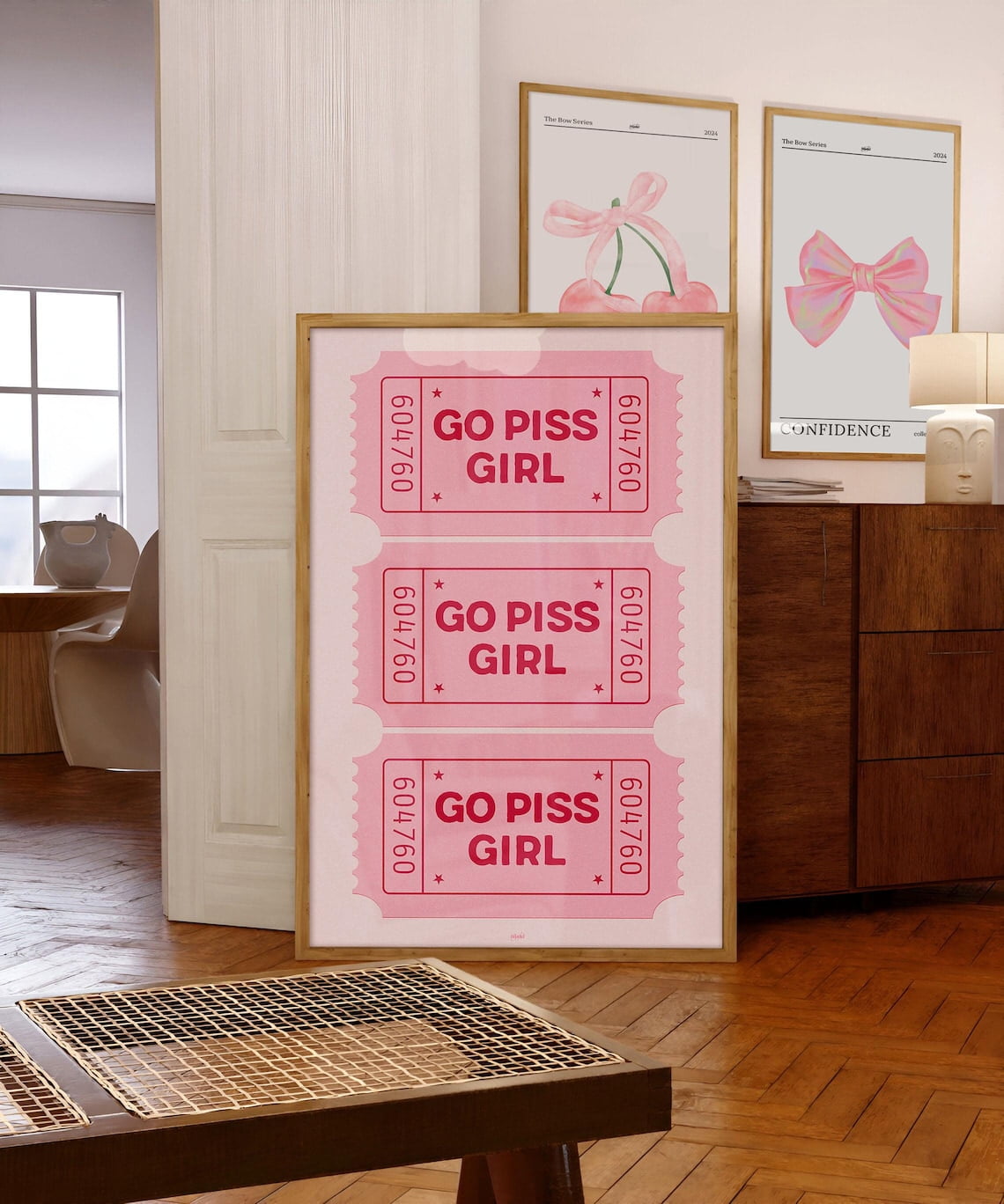 Go Piss Girl Ticket Poster, Vintage Pink Bathroom Print, Retro Wall Art ...