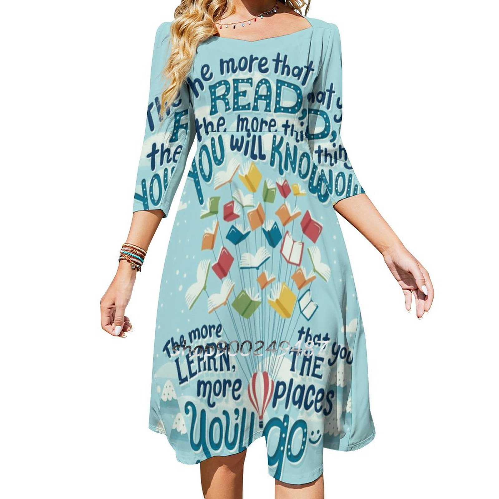 Go Places Square Neck Dress Cute Loose Print Dresses Elegant Beach ...