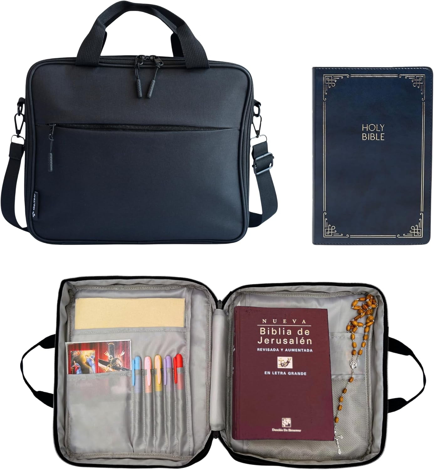 Go.Ve.U Large Bible Cover Shoulder Strap Carrying Case for Women and Men Zippered Pocket Water ...