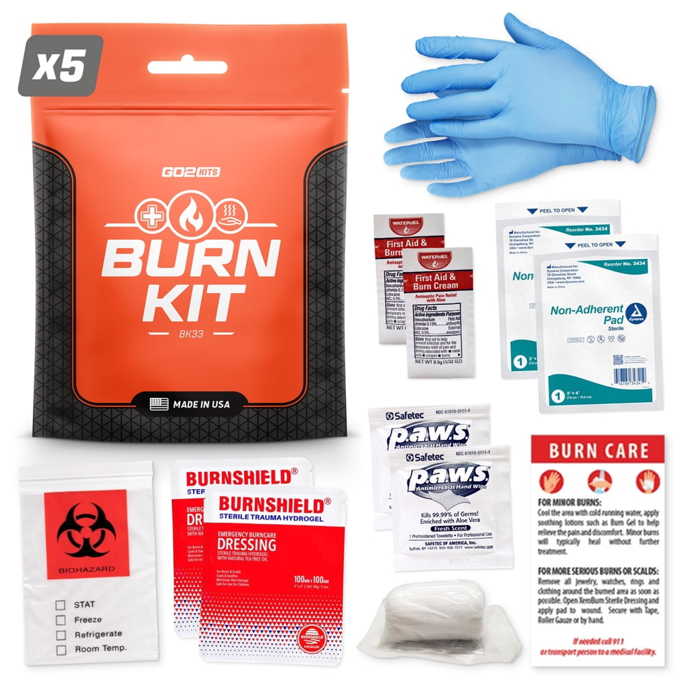 Go2Kits Emergency Burn Kit 5 Pack in Compact First Aid All-Purpose Resealable Pack for Home ...