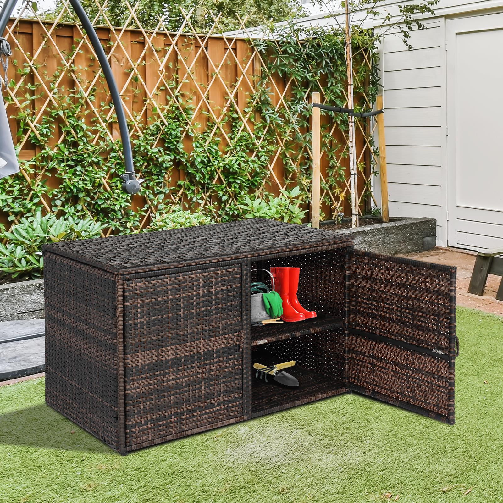 GoDecor 104 Gal Outdoor Wicker Storage Box, Rattan Deck Bin with Steel ...