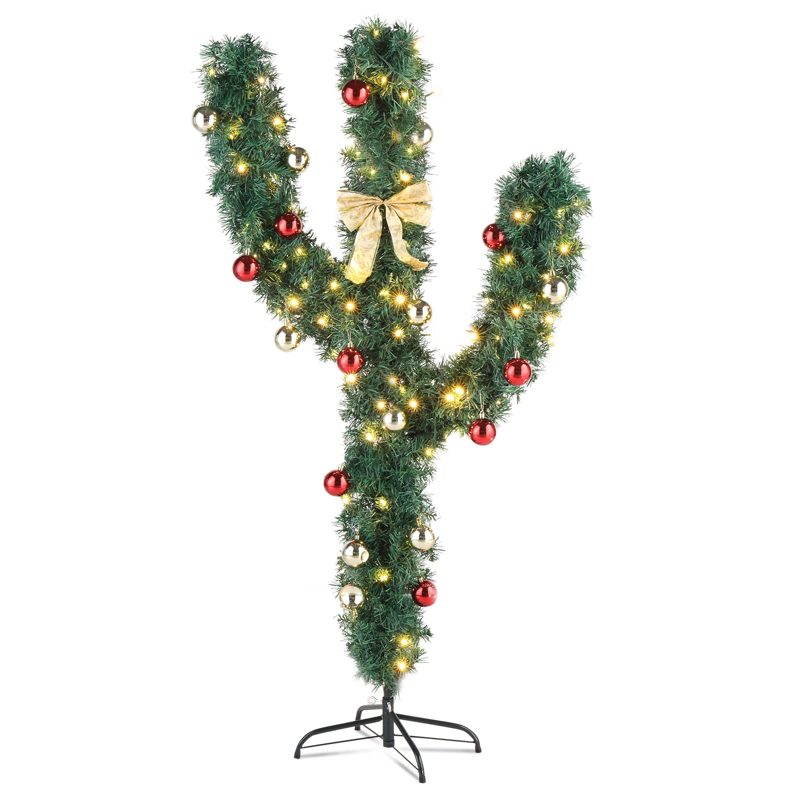 GoDecor Cactus Prelit Christmas Tree 5ft Full Flocking 110 Lights 8 ...