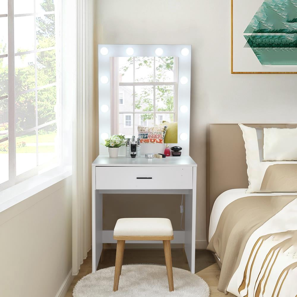 GoDecor Wood Vanity Table with Cool Lighted Mirror, Dressing Table ...