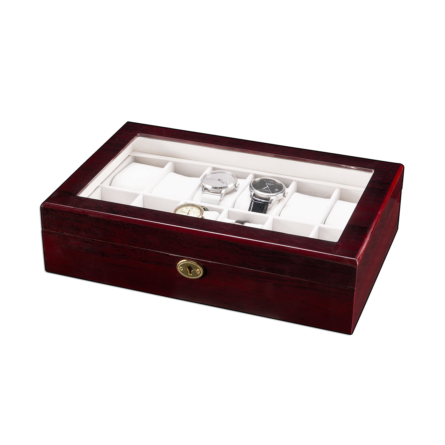 GoDecor Wooden 12 Slots Watch Display Case with Glass Top,Bright ...