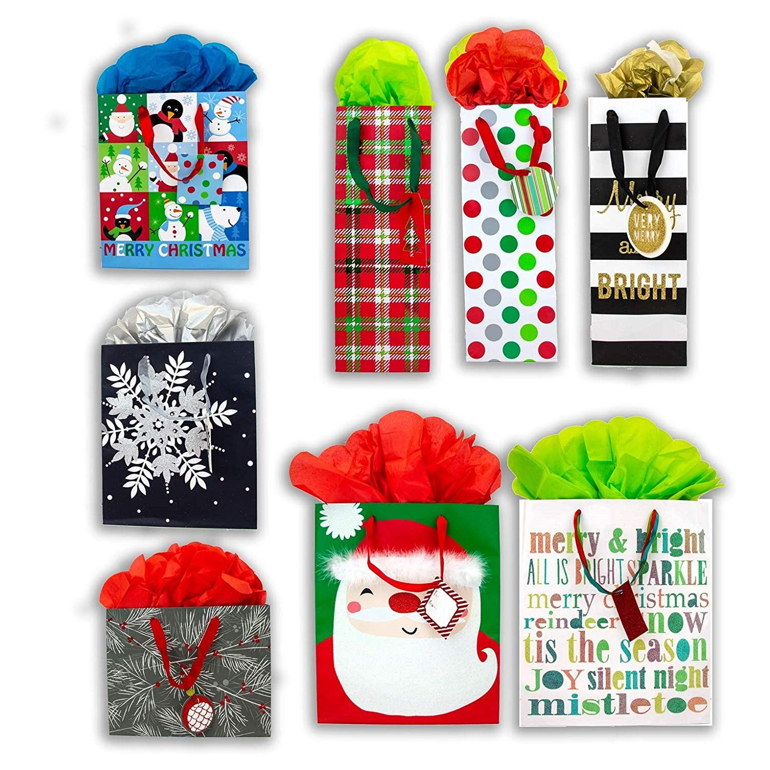GoGo Package of 8 Assorted Sizes of Christmas Gift Bags, Traditional ...