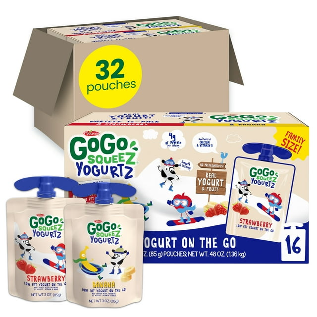 GoGo SqueeZ yogurtZ Strawberry and Banana Snack Pouches, 3 oz, 32 Pack ...