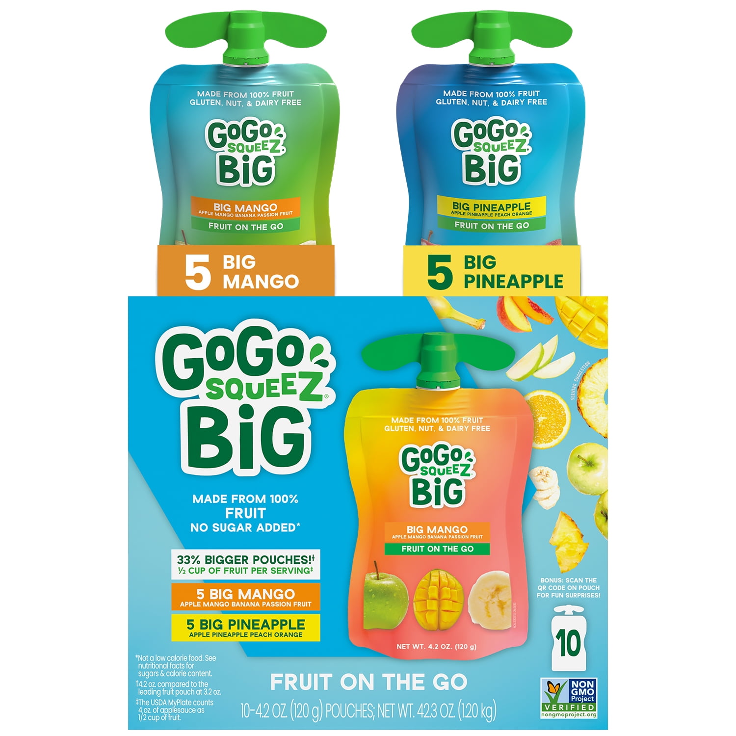 GoGo squeeZ BIG Applesauce and Fruit Puree Variety Pack, BIG Mango and BIG Pineapple Snack ...