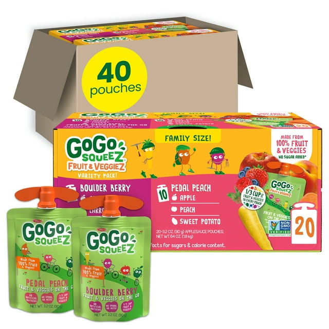 GoGo squeeZ Fruit & veggieZ Applesauce and Puree Variety Pack, Boulder Berry and Pedal Peach ...