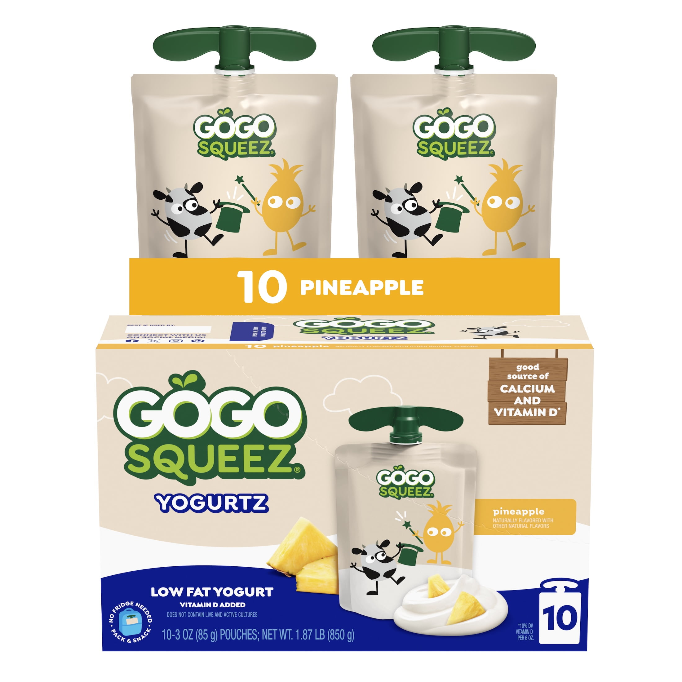 GoGo squeeZ Yogurtz Low Fat Pineapple Yogurt Snack Pouches, 3 oz (10 ...