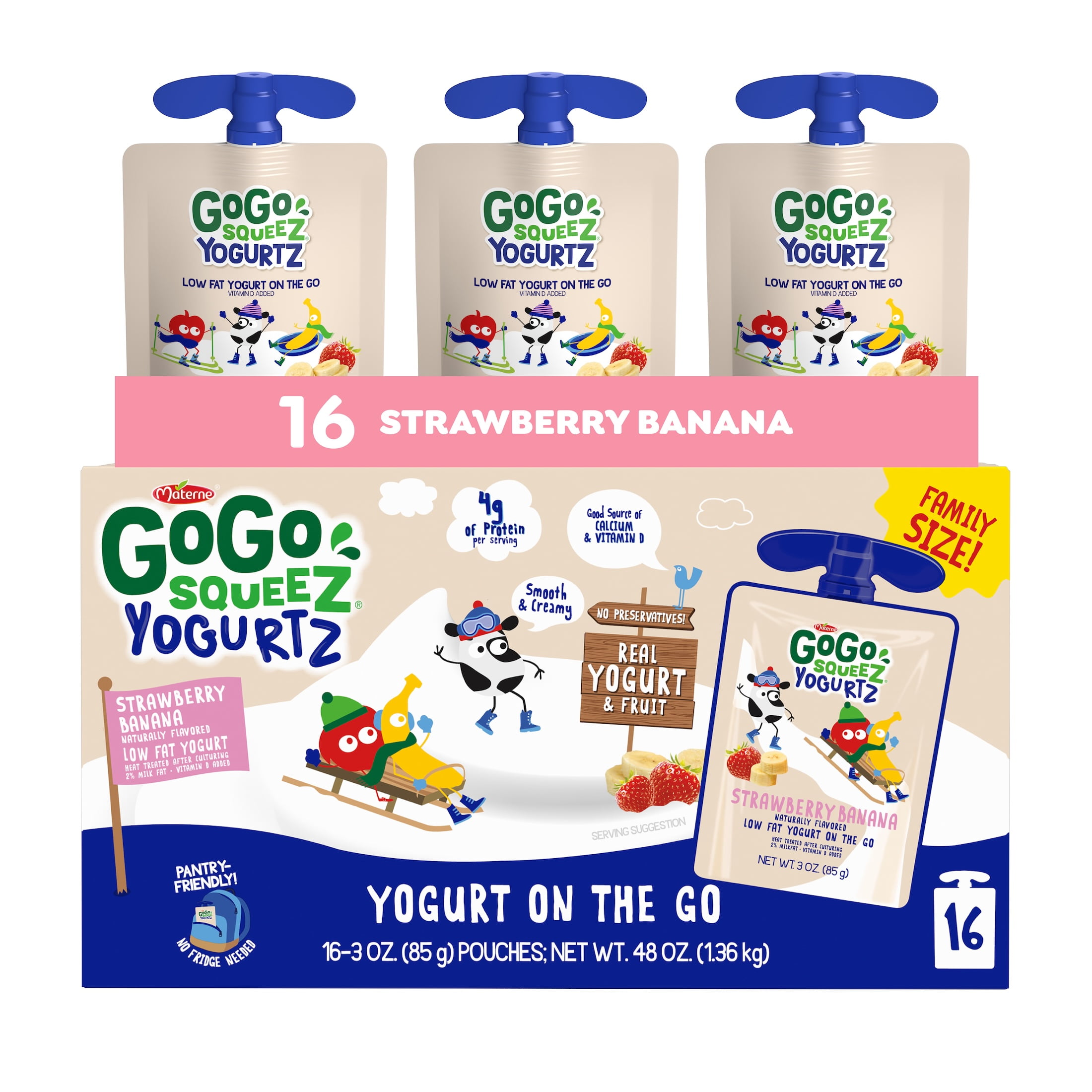 GoGo squeeZ yogurtZ Strawberry Banana Snack Pouches, 3 oz, Lowfat, 16 ...