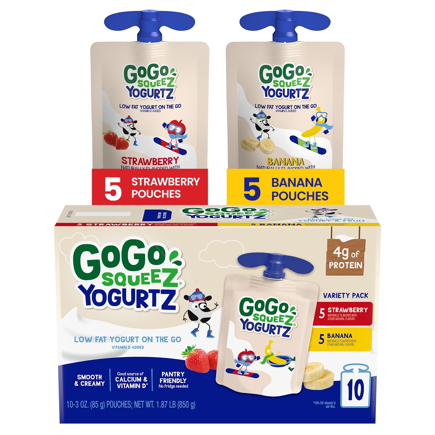 GoGo squeeZ yogurtZ Strawberry and Banana Snack Pouches, 3 oz, 10 Pack - Walmart.com