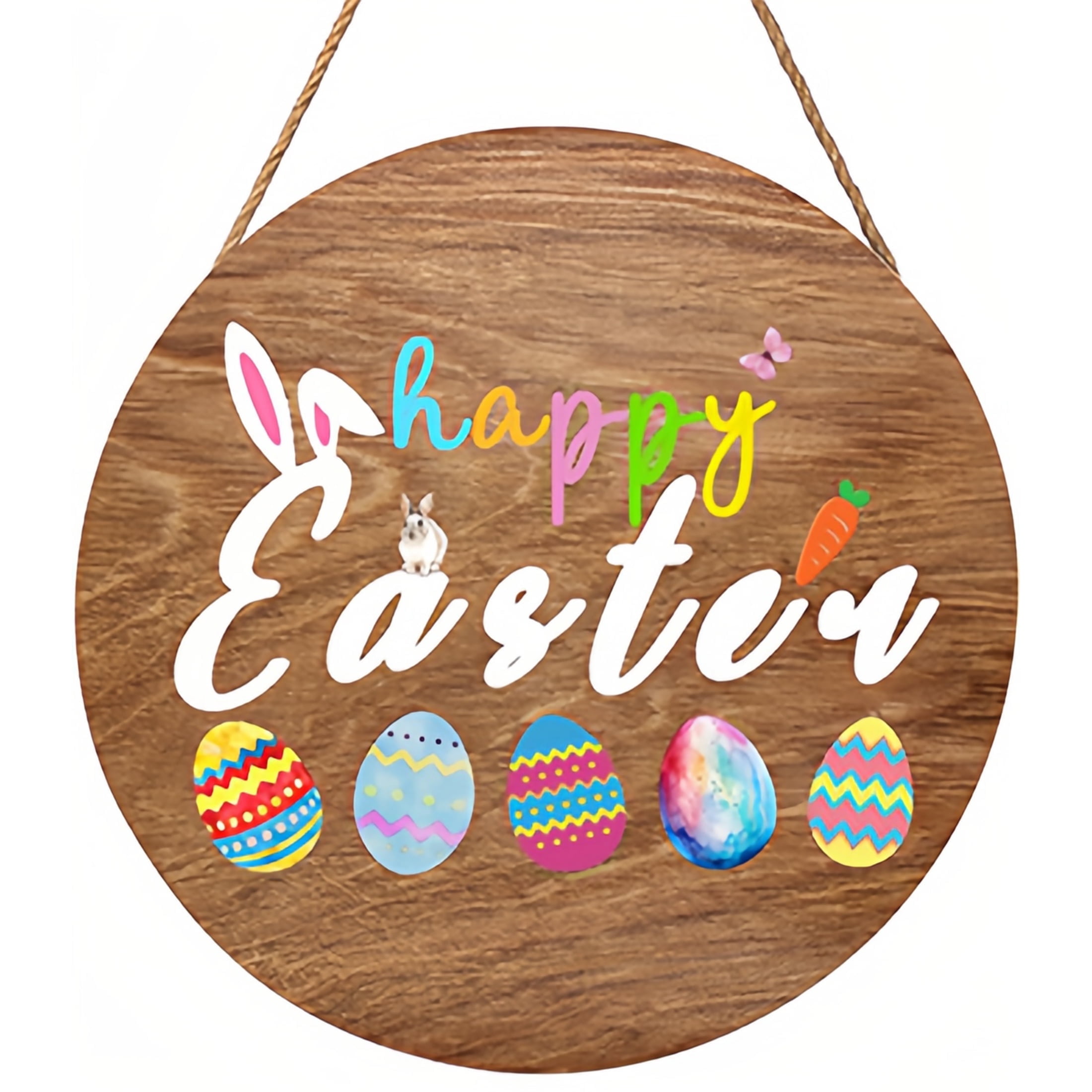 GoGracy Easter Wooden Hanging Sign Easter Colorful Eggs Bunny Sign Door ...