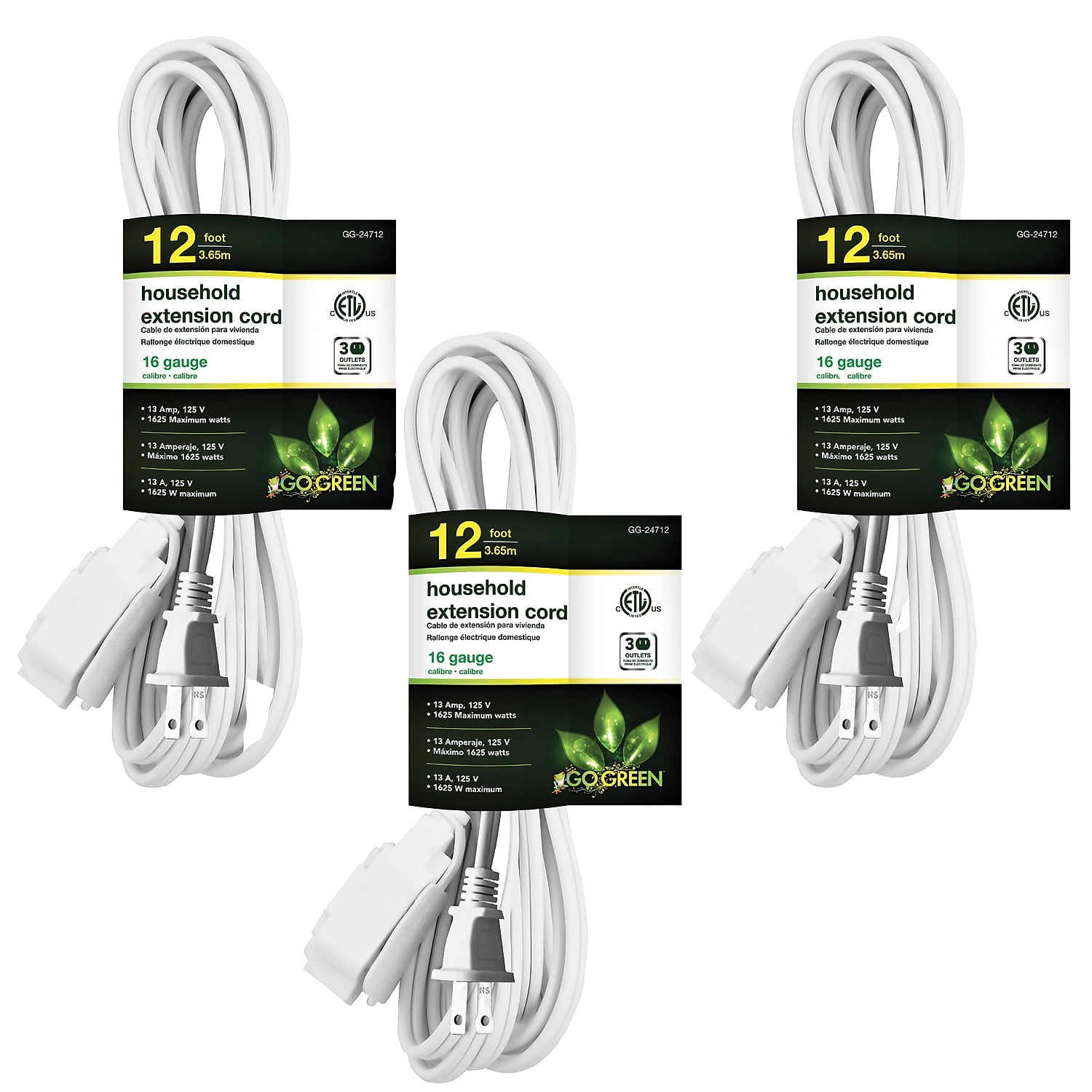 GoGreen Power (GG-24712) 16/2 12' Household Extension Cord, 3 Outlets ...