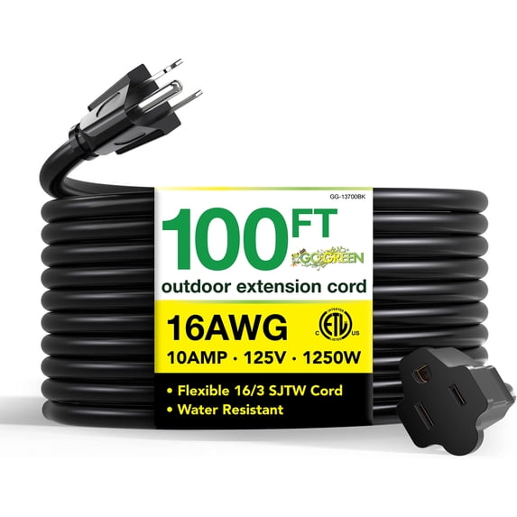 GoGreen Power Inc. 16/3 100ft Black Outdoor Extension Cord - Heavy Duty ...
