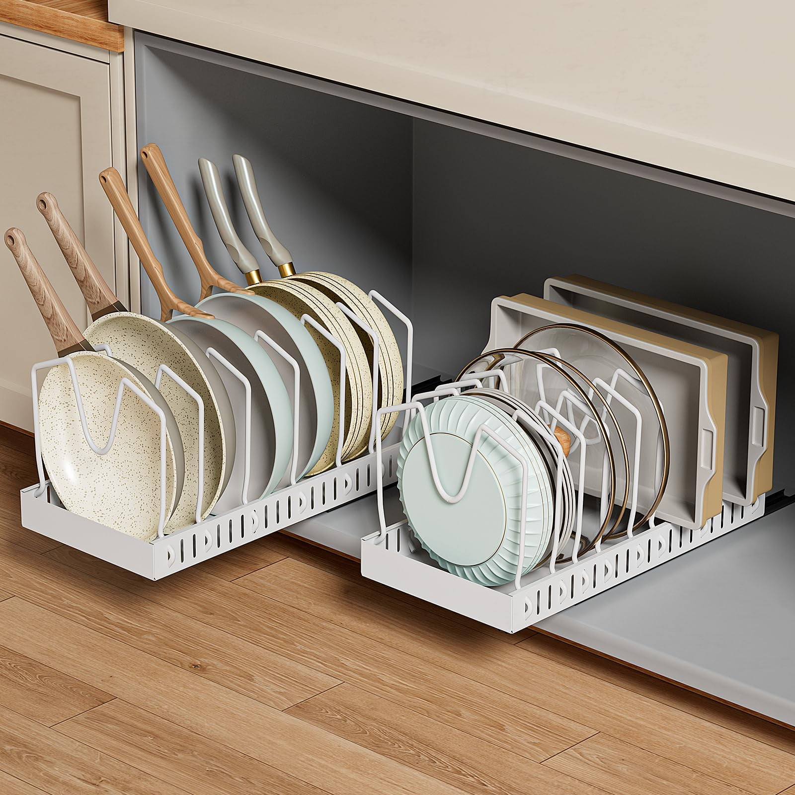 GoMaihe Pull-out Pots and Pans Organizer 2 Pack - Cabinet Pot Lid ...