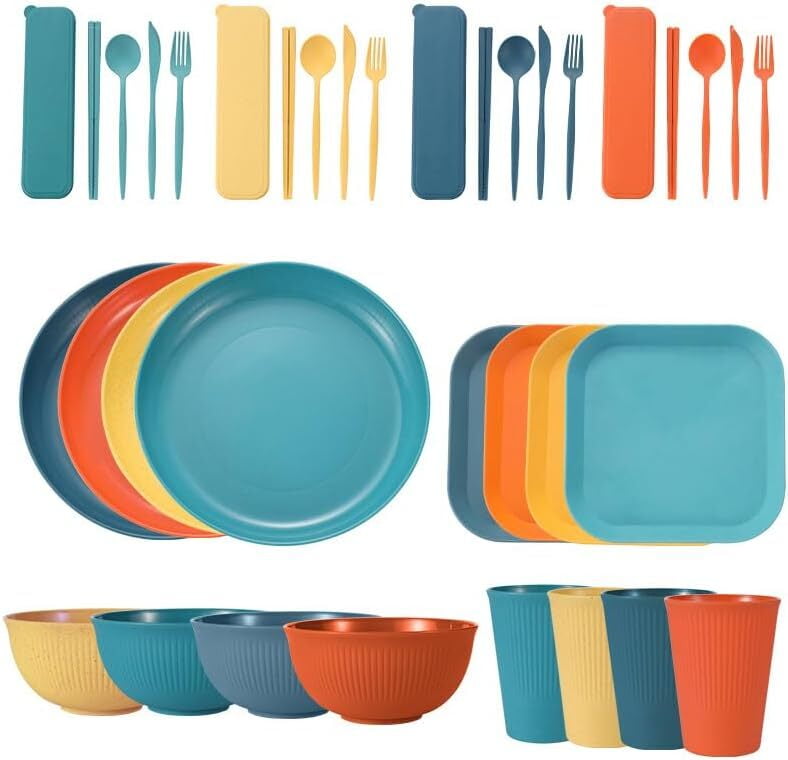 GoXteam 36pcs Wheat Straw Dinnerware Sets,Plastic Plates and Bowls Sets ...