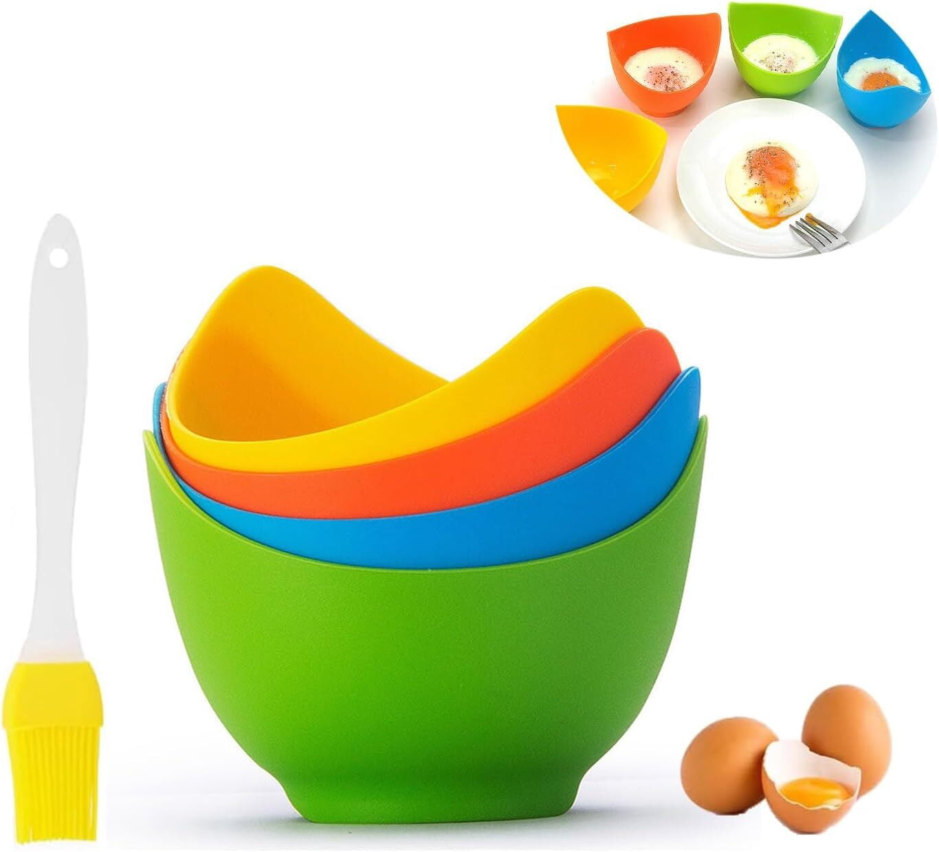 GoXteam 4 Pack Silicone Egg Poacher Cups with Oil Brush, Nonstick Egg ...