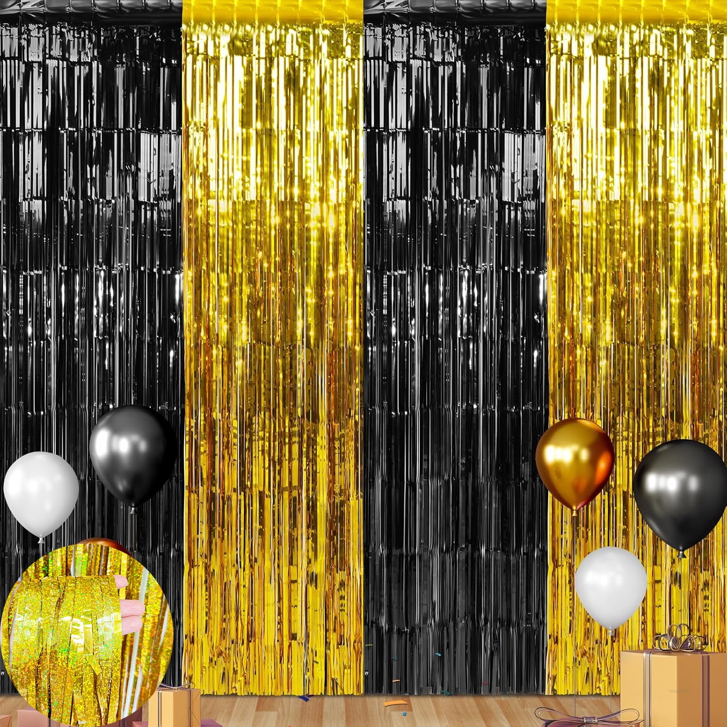 GoXteam 4Packs 3.3ft x 9.8ft Gold Black Tinsel Foil Fringe Curtains ...