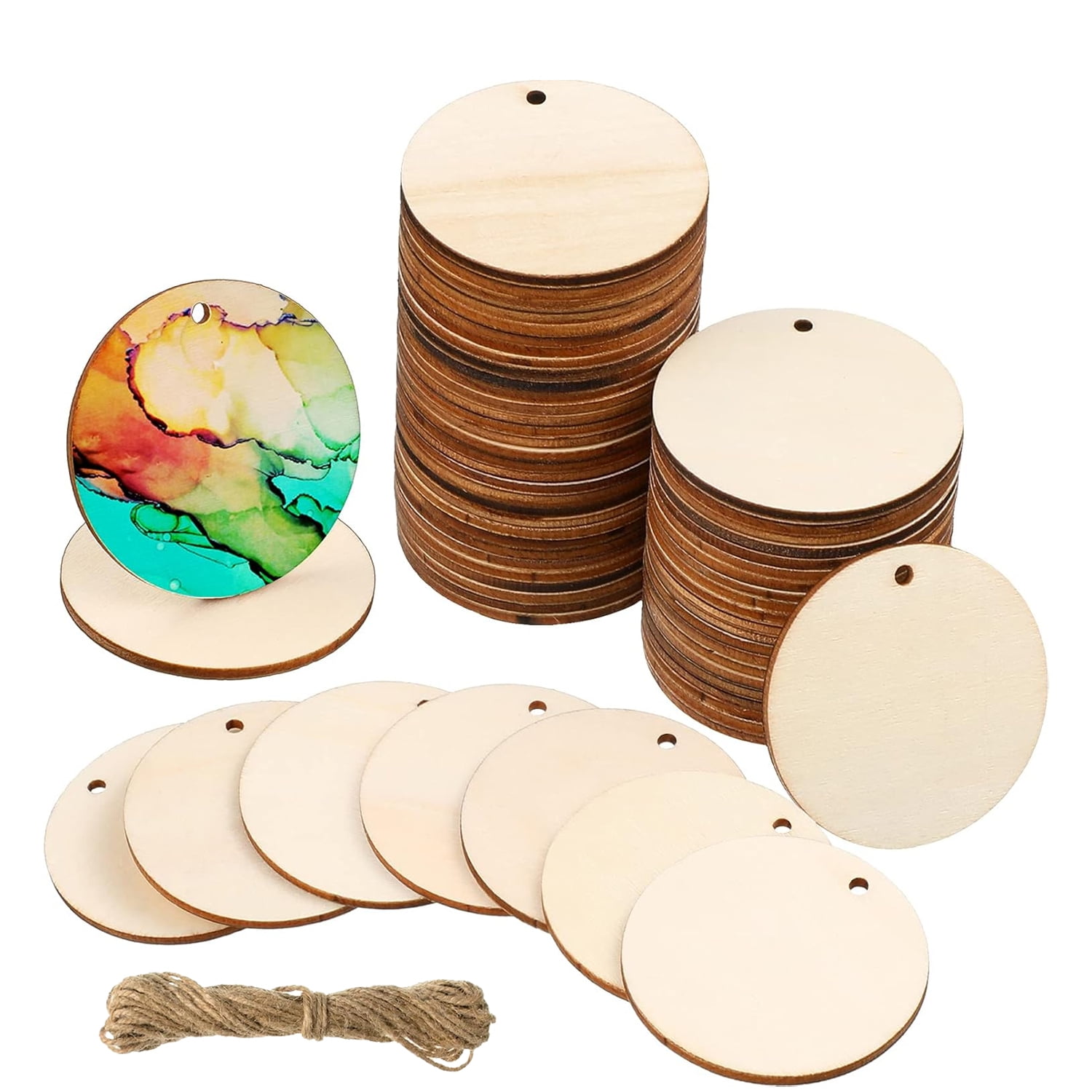 GoXteam 50 Pieces Unfinished Round Wooden Circles with Holes for Crafts ...
