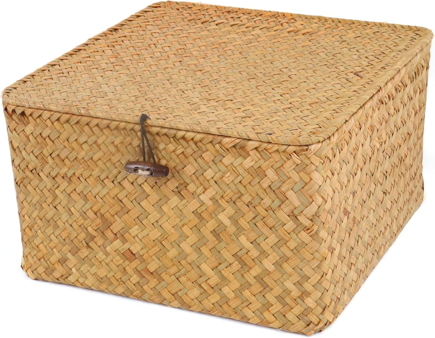GoXteam Large Wicker Shelf Baskets Bin with Lid, Handwoven Seagrass ...