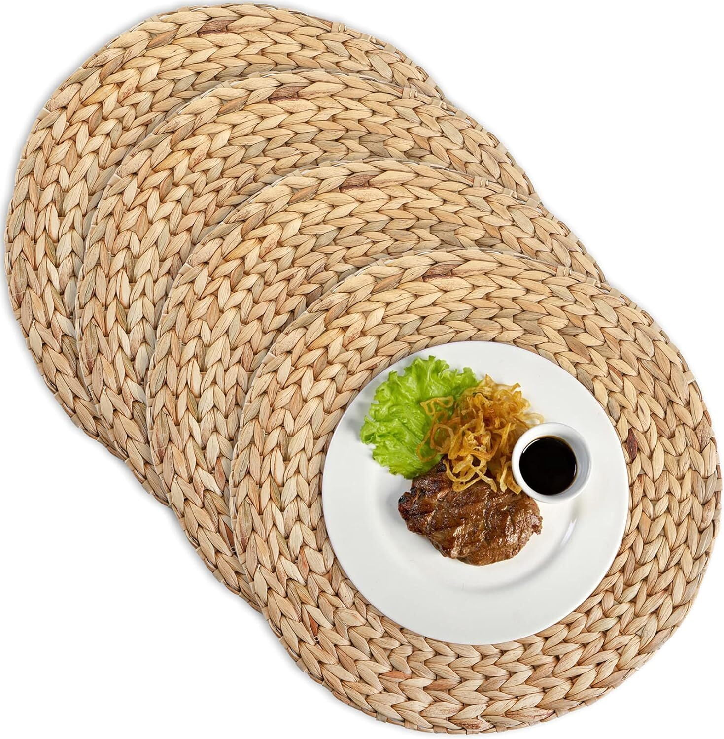 GoXteam Natural Water Hyacinth Placemats, Set of 4, 9.8 inch Round Mat ...