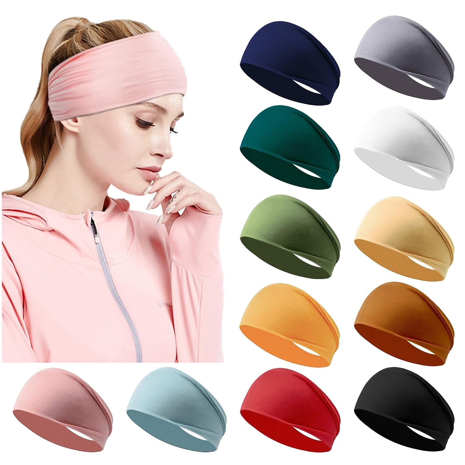 12 Pack Non-Slip Yoga Head Bands, Soft Fabric Hair Bands for Women ...