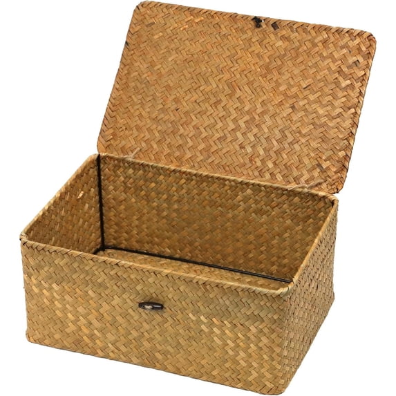 GoXteam Wicker Shelf Baskets with Lid, Natural Seagrass Storage Basket ...