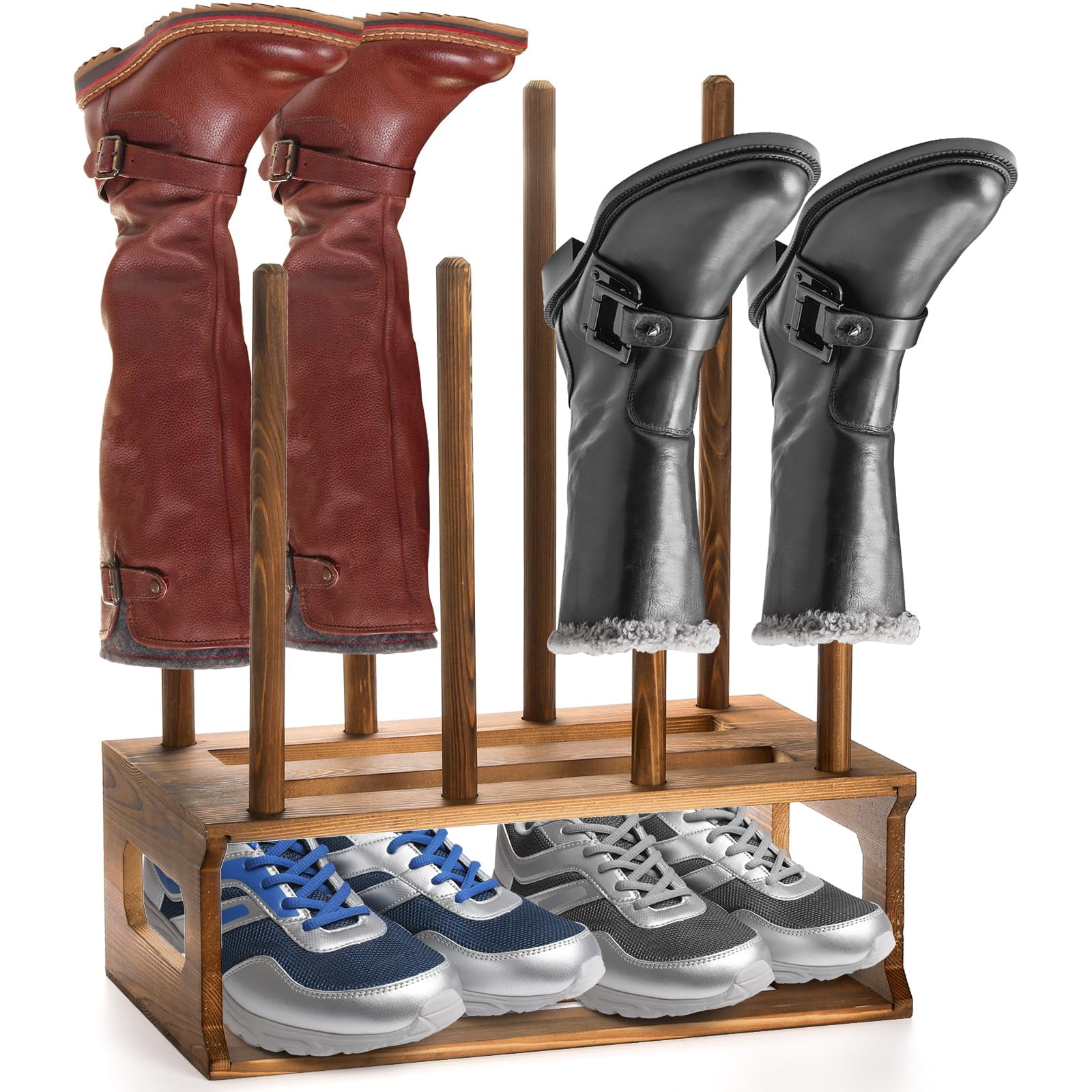 Goaste Wood Boot Rack Organizer, 4 Pairs Freestanding Wooden Boot ...