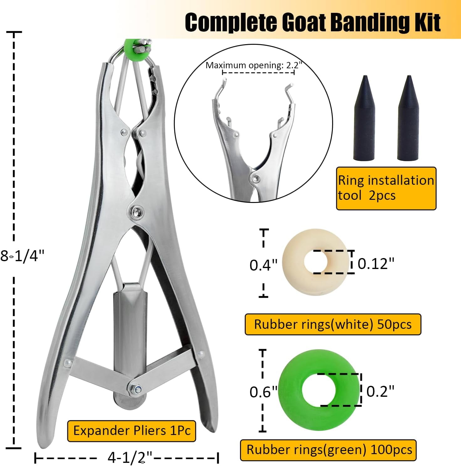 Goat Banding Kit, Stainless Steel Bander Snap Pliers with 150Pcs 2 Sizes Rings, Ring ...