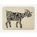 Goat Bath Mat, Tribal Tattoo Style Ornamental Goat with Curves Waves ...