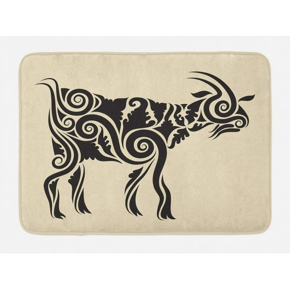 Goat Bath Mat, Tribal Tattoo Style Ornamental Goat with Curves Waves ...