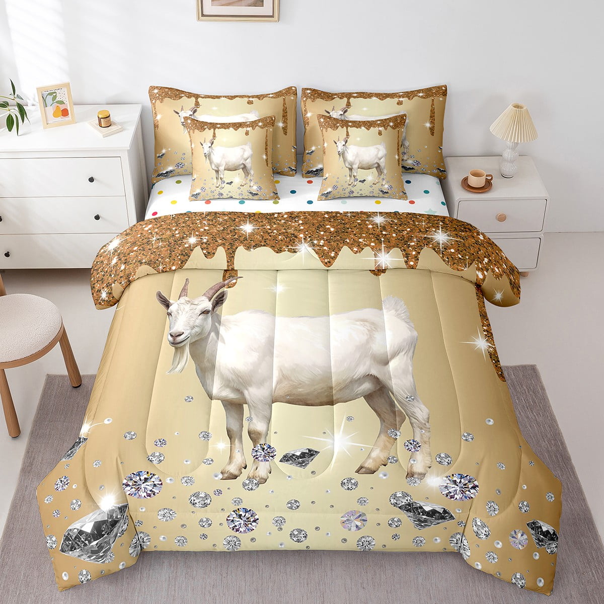 Goat Bed in a Bag King Size Comforter Set 7 Pieces,Brown Sequin Fluid Art Bedding Set,Crystal ...