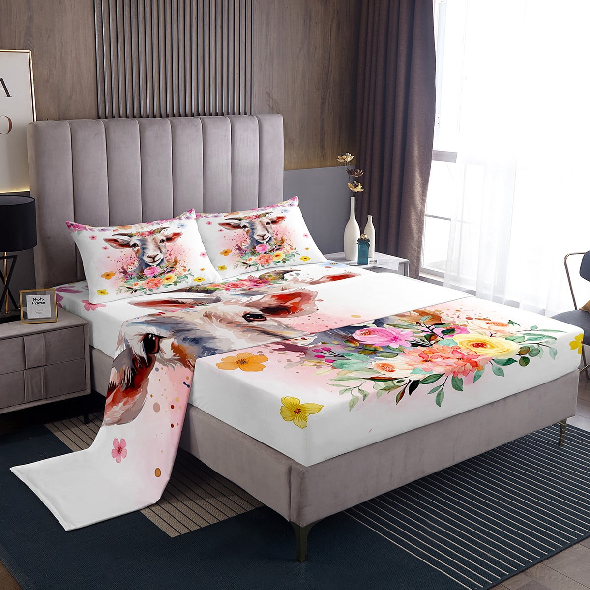 Goat Bed Sheets Set Boho Floral Queen Sheet Set ,Cute Sheep Wild Animal ...