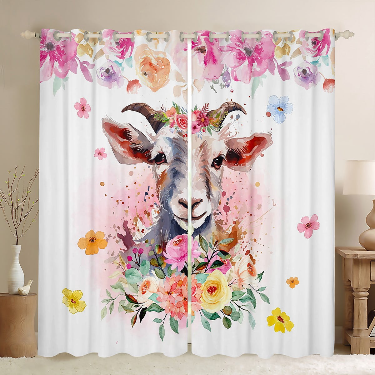 Goat Blackout Curtains Boho Floral Curtains for Living Room 2 Panels 42 ...