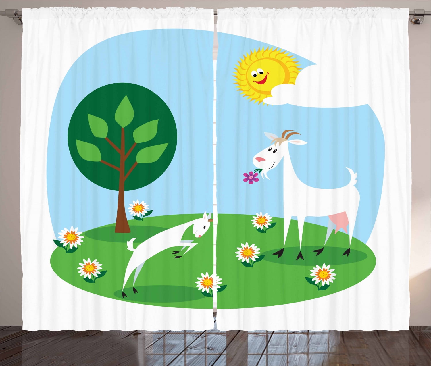 Ambesonne Goat Curtains 2 Panel Set, Goat Playing Meadow, 108" x 108 ...