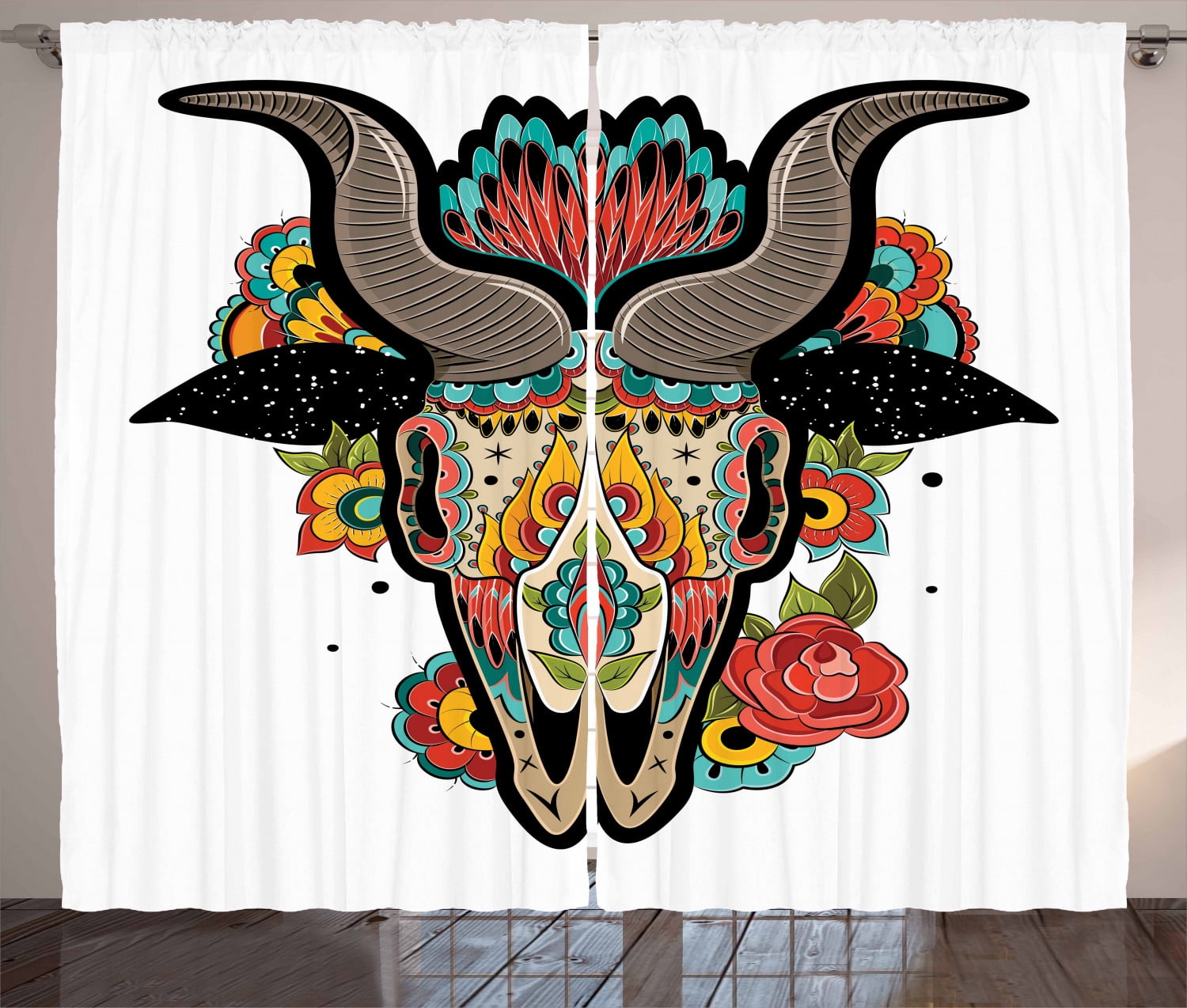 Ambesonne Goat Curtains 2 Panel Set, Colorful Skull New Year, 108" x 90 ...