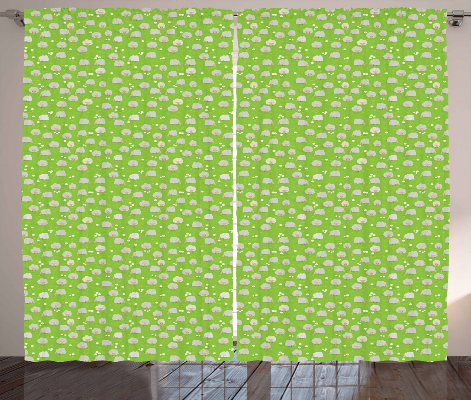 Ambesonne Goat Curtains 2 Panel Set, Goat Herd Graze on Meadow, 108" x ...