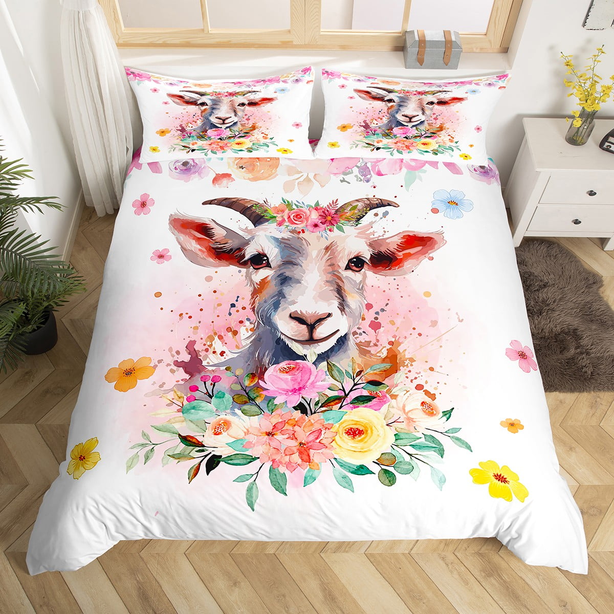 Goat Duvet Cover Boho Floral Queen Bedding Set for Girls Boys Kids ...