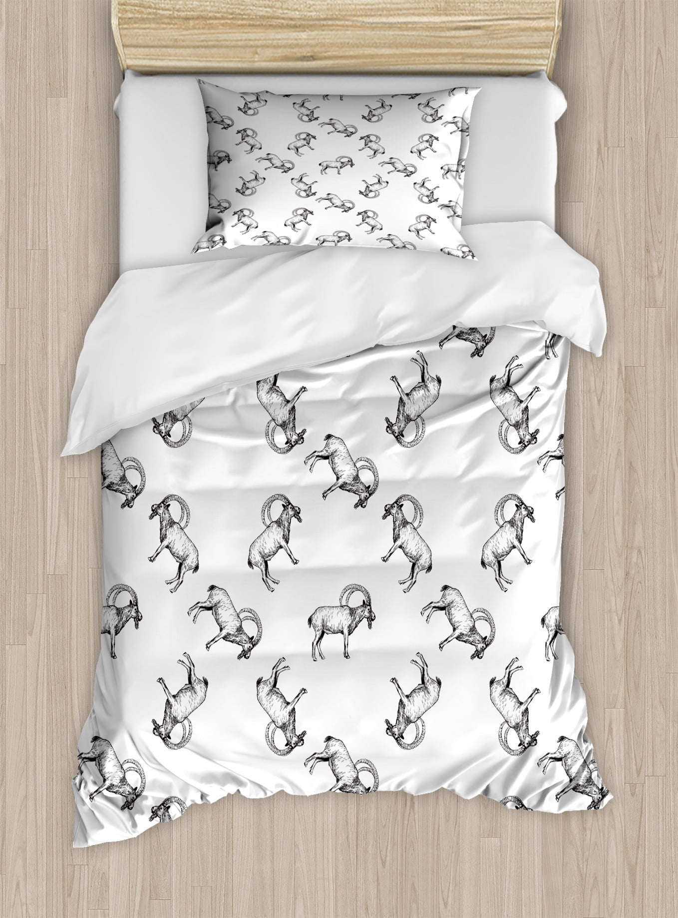 Goat Duvet Cover Set, Hand Drawn Like Monochrome Sketch of Continuous ...