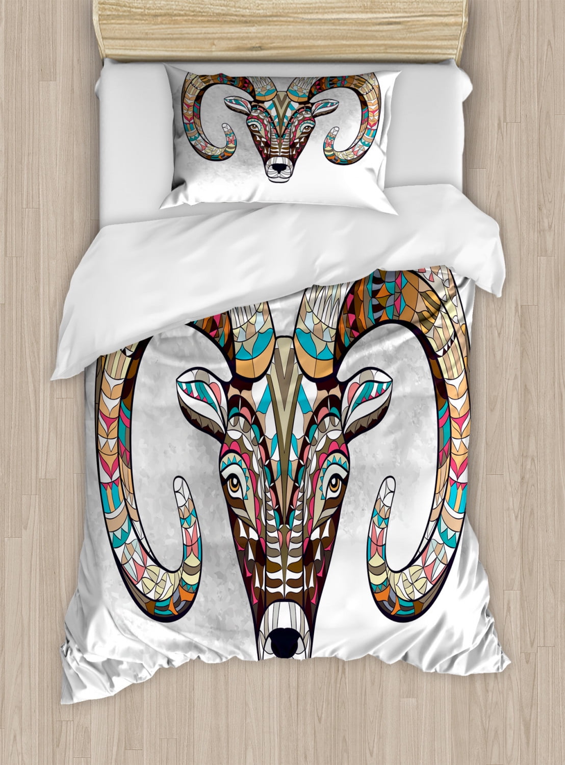 Goat Duvet Cover Set Twin Size, Colorful Tribal Ornamented Head of Goat ...