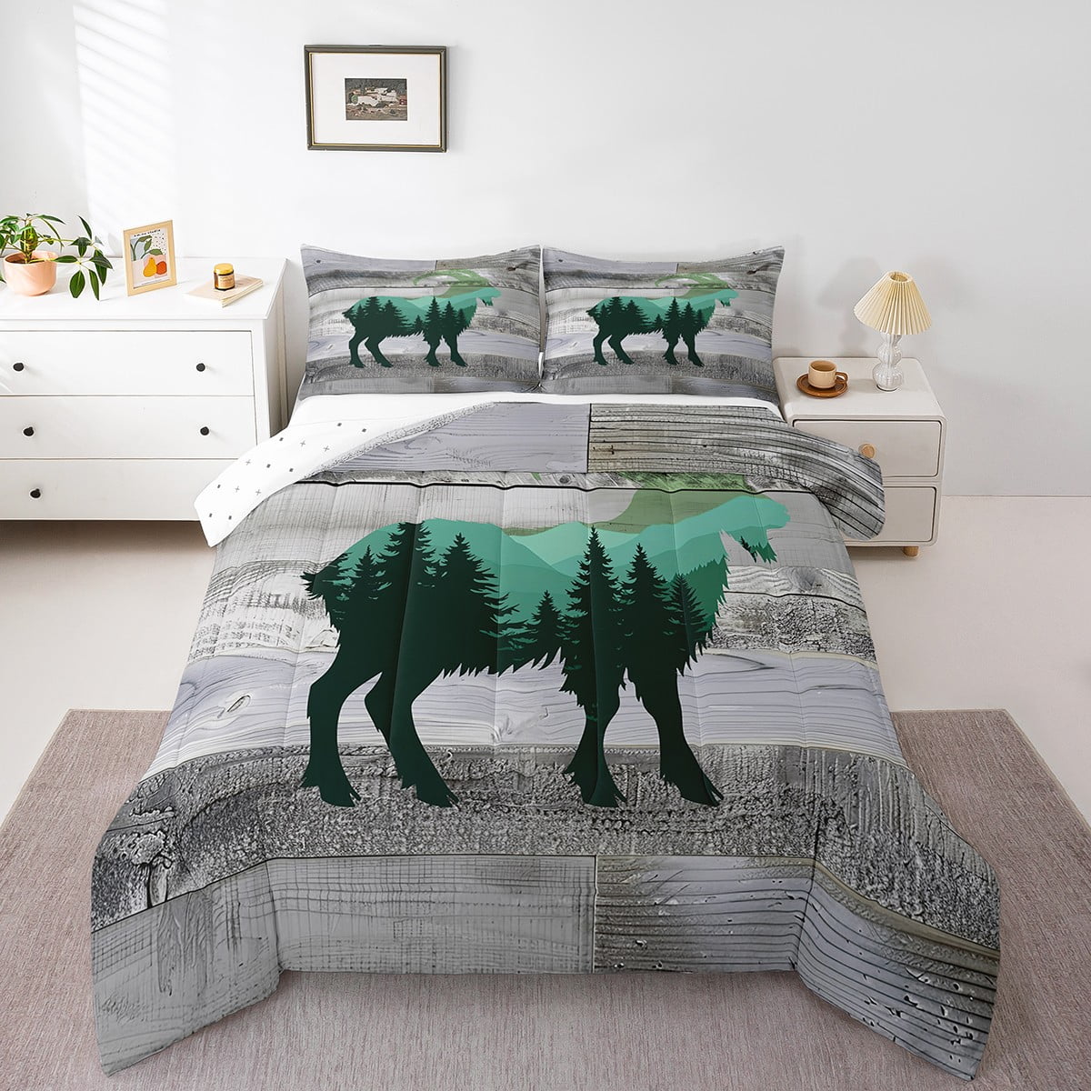 Goat Full Size Comforter Set, Wooden Plank Hunting Animals Soft Bed Set ...