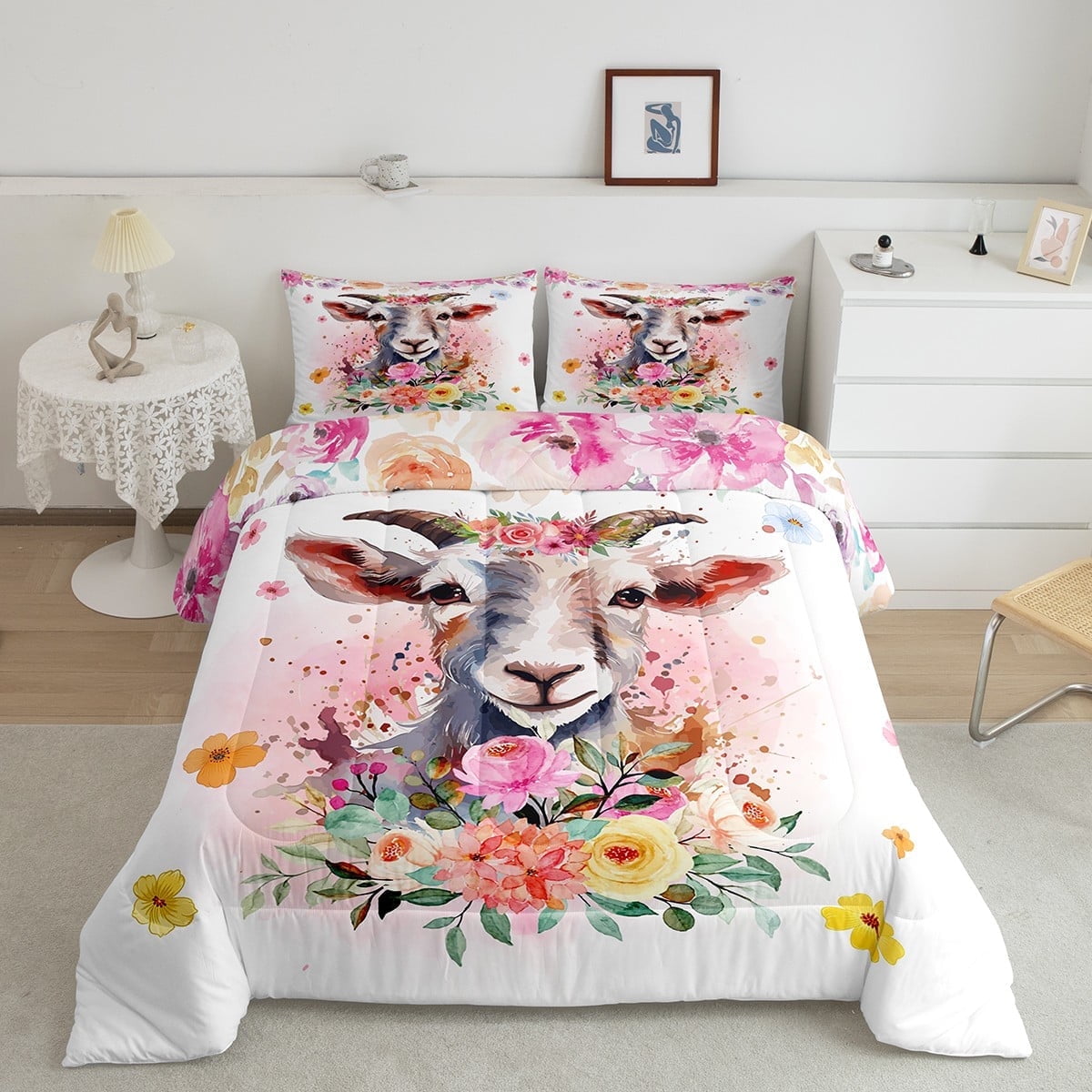 Goat Queen Comforter Set Boho Floral Bedding Set ,Cute Sheep Wild ...