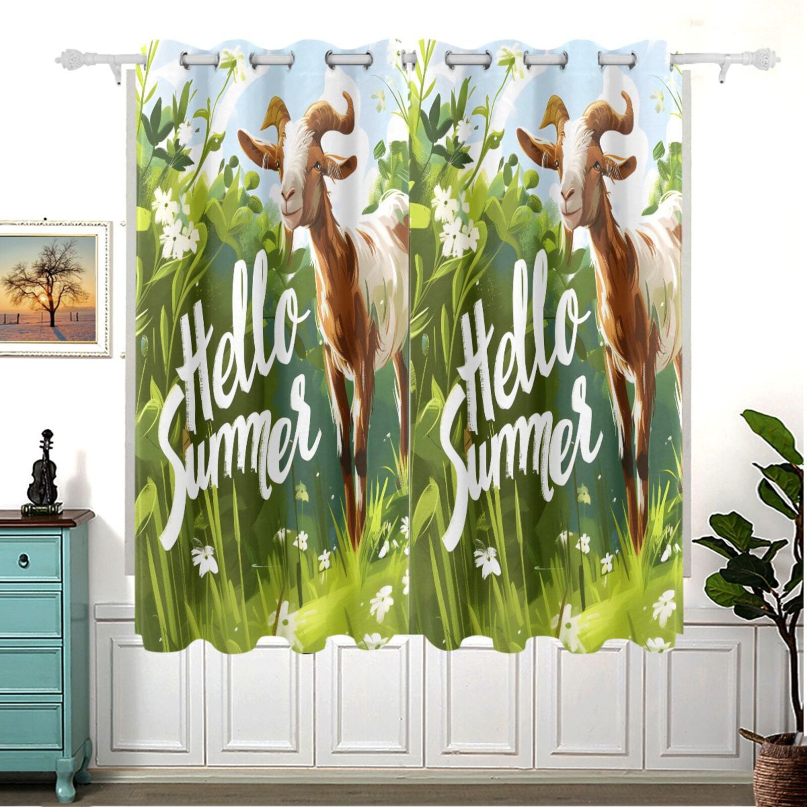 Goat Sheep Summer Greed Blackout Curtain Panels 63x55in Drapes Privacy ...
